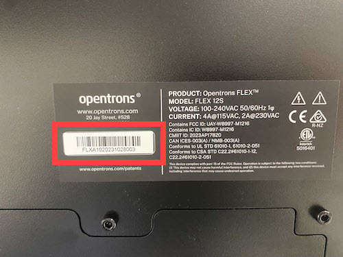 How to find the serial number on Opentrons Flex