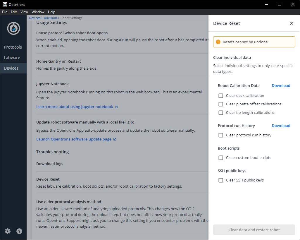 Device resetting the OT-2