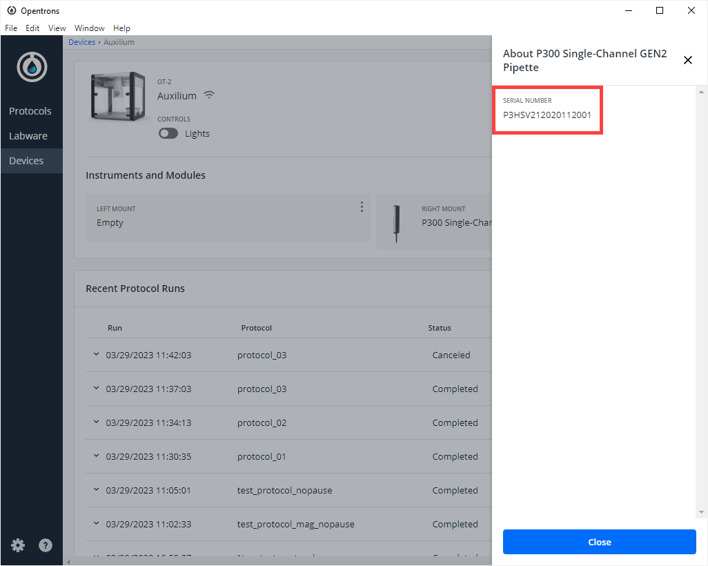 Finding your pipette's serial number